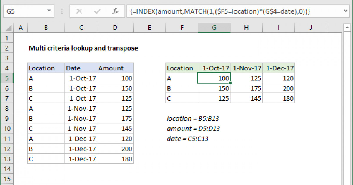 Multi Criteria Lookup And Transpose Excel Formula Exceljet